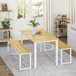 homooi dining table set for 4, 3 pieces kitchen table with 2 benches, modern wood grains table and chairs dinette set for home kitchen, dining room, restaurant, white