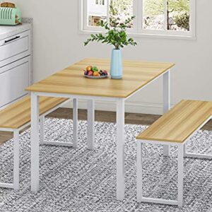 HOMOOI Dining Table Set for 4, 3 Pieces Kitchen Table with 2 Benches, Modern Wood Grains Table and Chairs Dinette Set for Home Kitchen, Dining Room, Restaurant, White