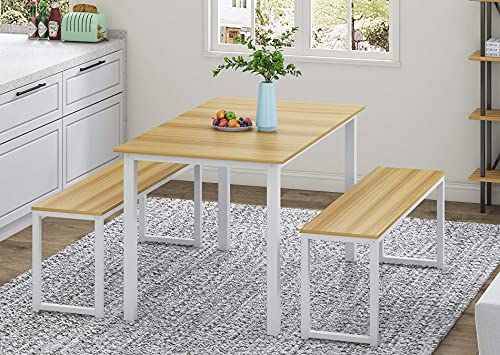 HOMOOI Dining Table Set for 4, 3 Pieces Kitchen Table with 2 Benches, Modern Wood Grains Table and Chairs Dinette Set for Home Kitchen, Dining Room, Restaurant, White