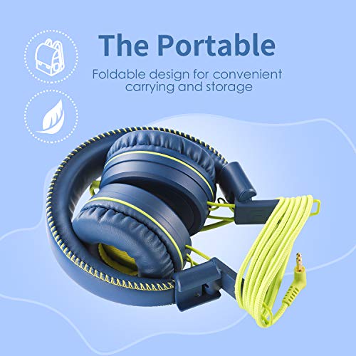 POWMEE M1 Kids Headphones Wired Headphone for Kids,Foldable Adjustable Stereo Tangle-Free,3.5MM Jack Wire Cord On-Ear Headphone for Children (Blue)