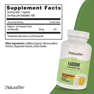 NaturalSlim Kadsorb Natural Potassium Citrate - Supports Electrolyte Balance & Normal PH, Non-GMO & Gluten-Free, Absorbable Potassium Supplement with Essential Minerals - 99 mg 400 Capsules