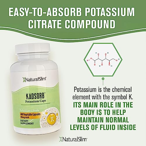 NaturalSlim Kadsorb Natural Potassium Citrate - Supports Electrolyte Balance & Normal PH, Non-GMO & Gluten-Free, Absorbable Potassium Supplement with Essential Minerals - 99 mg 400 Capsules