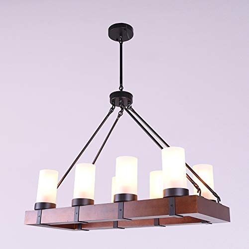 NIUYAO Industrial 8-Lights Pendant Light Wood Island Lighting Vintage Style Rectangular Chandelier Rustic Ceiling Lamp with Alabaster Glass Shade for Dining Room Kitchen Living Room 487111