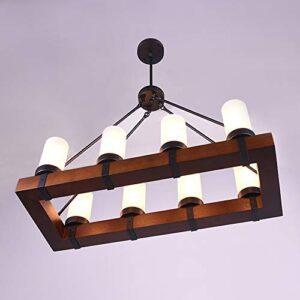 NIUYAO Industrial 8-Lights Pendant Light Wood Island Lighting Vintage Style Rectangular Chandelier Rustic Ceiling Lamp with Alabaster Glass Shade for Dining Room Kitchen Living Room 487111