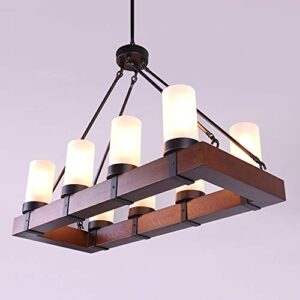 NIUYAO Industrial 8-Lights Pendant Light Wood Island Lighting Vintage Style Rectangular Chandelier Rustic Ceiling Lamp with Alabaster Glass Shade for Dining Room Kitchen Living Room 487111