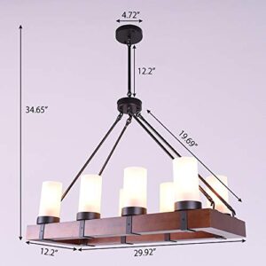 NIUYAO Industrial 8-Lights Pendant Light Wood Island Lighting Vintage Style Rectangular Chandelier Rustic Ceiling Lamp with Alabaster Glass Shade for Dining Room Kitchen Living Room 487111