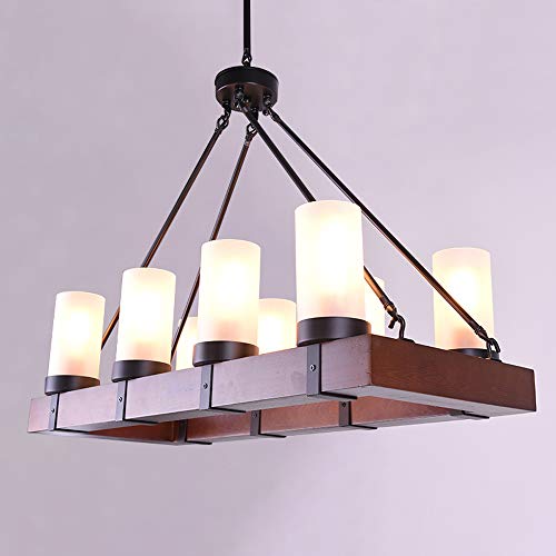 NIUYAO Industrial 8-Lights Pendant Light Wood Island Lighting Vintage Style Rectangular Chandelier Rustic Ceiling Lamp with Alabaster Glass Shade for Dining Room Kitchen Living Room 487111