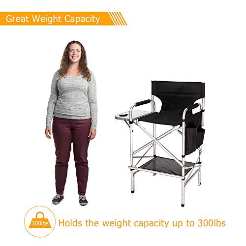 mefeir Tall Director Makeup Artist Chair Bar Height, Aluminum Frame Supports 300 lbs, Folding Portable with Side Table Storage Bag Black (19.2" D x 23.6" W x 45.6" H)