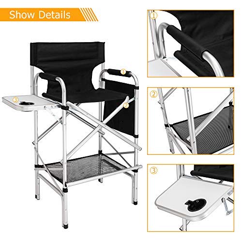 mefeir Tall Director Makeup Artist Chair Bar Height, Aluminum Frame Supports 300 lbs, Folding Portable with Side Table Storage Bag Black (19.2" D x 23.6" W x 45.6" H)