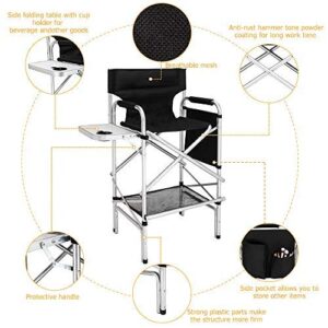 mefeir Tall Director Makeup Artist Chair Bar Height, Aluminum Frame Supports 300 lbs, Folding Portable with Side Table Storage Bag Black (19.2" D x 23.6" W x 45.6" H)