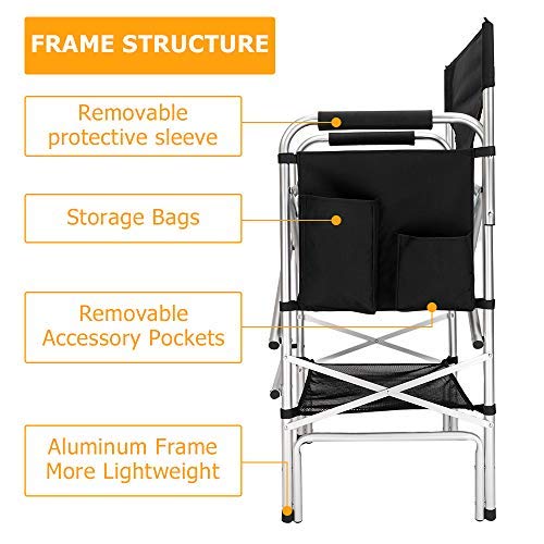 mefeir Tall Director Makeup Artist Chair Bar Height, Aluminum Frame Supports 300 lbs, Folding Portable with Side Table Storage Bag Black (19.2" D x 23.6" W x 45.6" H)