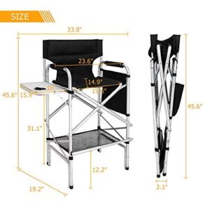 mefeir Tall Director Makeup Artist Chair Bar Height, Aluminum Frame Supports 300 lbs, Folding Portable with Side Table Storage Bag Black (19.2" D x 23.6" W x 45.6" H)