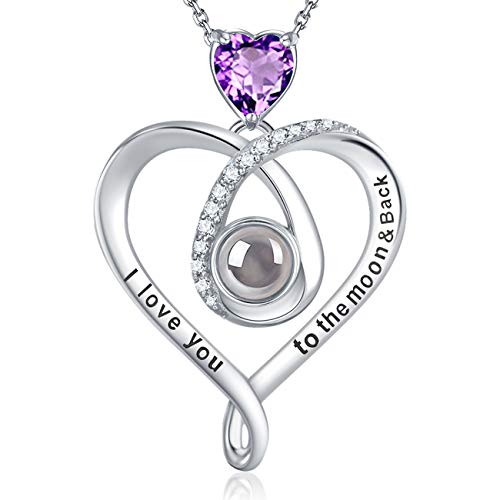 ELDA & CO. Sterling Silver Amethyst I Love You Necklace 100 Languages to the Moon and Back Jewelry Sterling Silver February Birthstone Necklace