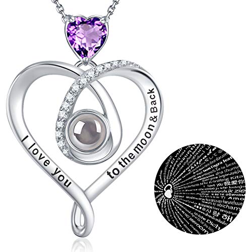 ELDA & CO. Sterling Silver Amethyst I Love You Necklace 100 Languages to the Moon and Back Jewelry Sterling Silver February Birthstone Necklace