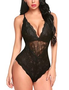 avidlove snap crotch lingerie women deep v lace teddy bodysuit one piece babydoll(black,l)