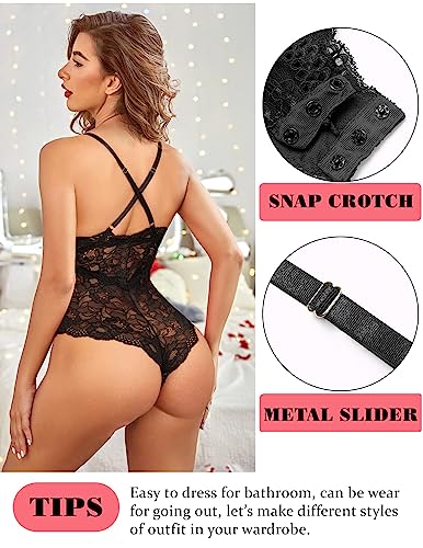 Avidlove Snap Crotch Lingerie Women Deep V Lace Teddy Bodysuit One Piece Babydoll(Black,L)