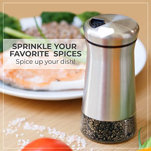 Pepper Shaker or Salt Shaker with Adjustable Pour Holes - Elegant Stainless Steel Spice Dispenser - Perfect for Himalayan, Table Salt, White and Black Pepper (Pepper Shaker)