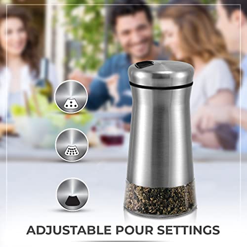 Pepper Shaker or Salt Shaker with Adjustable Pour Holes - Elegant Stainless Steel Spice Dispenser - Perfect for Himalayan, Table Salt, White and Black Pepper (Pepper Shaker)