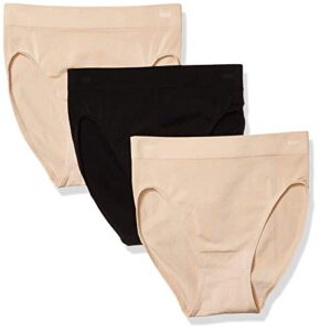 wacoal women's b smooth hi cut brief panty 3 pack, sand, sand, black, large