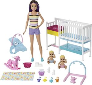 barbie skipper babysitters inc dolls & playset, nap 'n nurture nursery, skipper doll, baby doll, crib & 10+ accessories, working bouncer