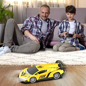 Growsland Remote Control Car, RC Cars Xmas Gifts for Kids 1/18 Electric Sport Racing Hobby Toy Car Yellow Model Vehicle for Boys Girls Adults with Lights and Controller