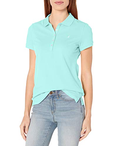 Nautica Women's 5-Button Short Sleeve Breathable 100% Cotton Polo Shirt, Aruba Blue, Large