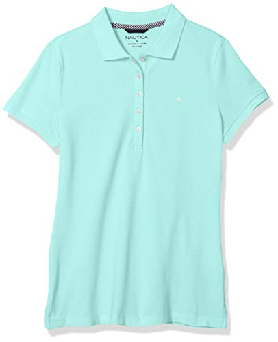 Nautica Women's 5-Button Short Sleeve Breathable 100% Cotton Polo Shirt, Aruba Blue, Large