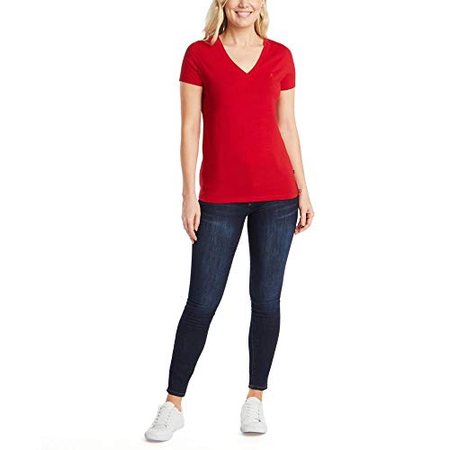 Nautica Women's Easy Comfort V-Neck Supersoft Stretch Cotton T-Shirt, Red, Medium