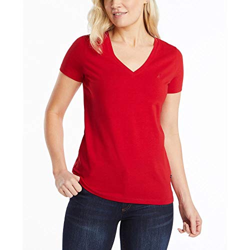 Nautica Women's Easy Comfort V-Neck Supersoft Stretch Cotton T-Shirt, Red, Medium