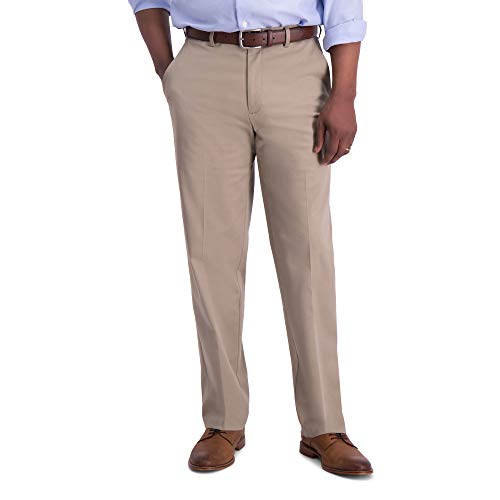 Haggar Men's Iron Free Premium Classic Fit Flat Front Expandable Waist Casual Pant Regular and Big & Tall Sizes, Med Khaki, 36W x 29L