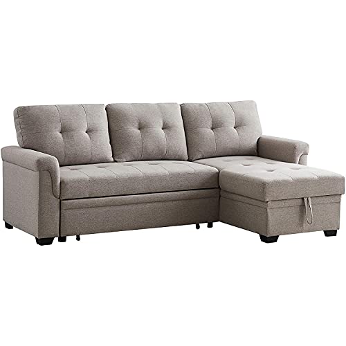 Lilola Home Linen Reversible Sleeper Sectional Sofa with Storage Chaise, Light Gray