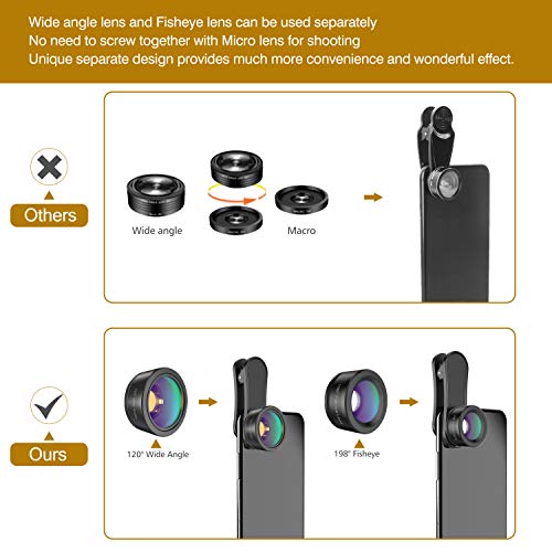 Phone Camera Lens,Upgraded 3 in 1 Phone Lens kit-198° Fisheye Lens + Macro Lens + 120° Wide Angle Lens,Clip on Cell Phone Lens Kit Compatible with iPhone Samsung Android Smartphones