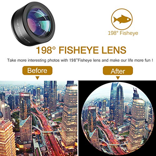 Phone Camera Lens,Upgraded 3 in 1 Phone Lens kit-198° Fisheye Lens + Macro Lens + 120° Wide Angle Lens,Clip on Cell Phone Lens Kit Compatible with iPhone Samsung Android Smartphones