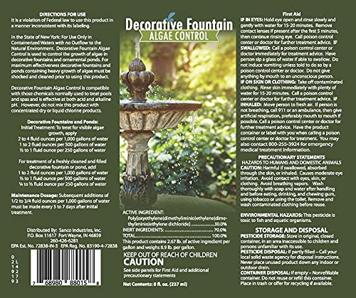 Fountain Algaecide and Clarifier - 8oz - Kills and Inhibits All Types of Algae Growth, Formulated for Small Ponds and Water Features, Treats up to 8,000 Gallons