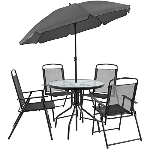 EMMA + OLIVER 6 Piece Black Patio Garden Set with Umbrella Table and Set of 4 Folding Chairs