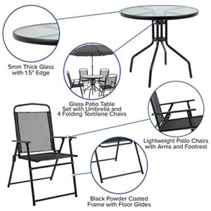 EMMA + OLIVER 6 Piece Black Patio Garden Set with Umbrella Table and Set of 4 Folding Chairs