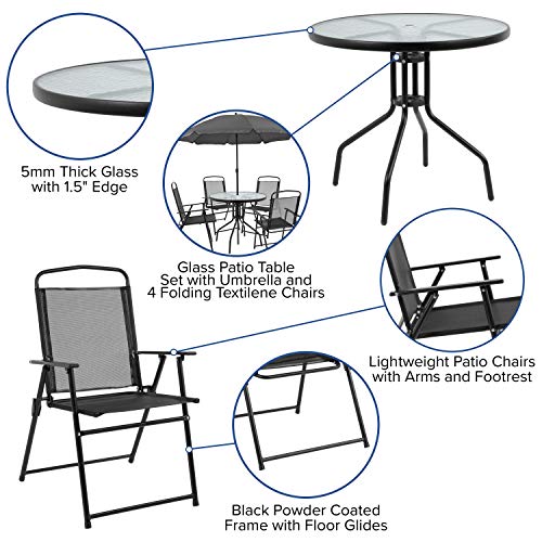 EMMA + OLIVER 6 Piece Black Patio Garden Set with Umbrella Table and Set of 4 Folding Chairs