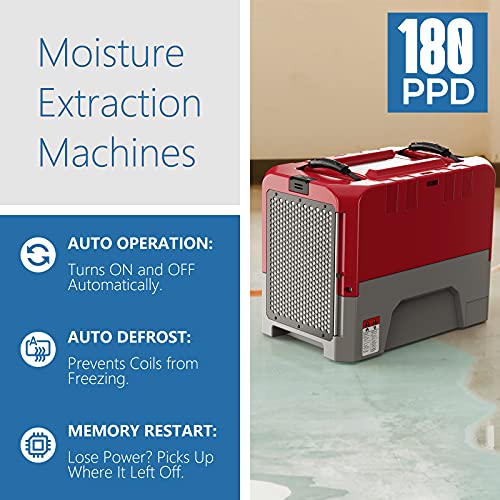 ALORAIR Commercial Dehumidifier with Pump Drain Hose, 180 Pint Large Capacity Crawl Space Dehumidifier for Water Damage Restoration, Basements Warehouse & Job Sites, 5 Years Warranty, Red