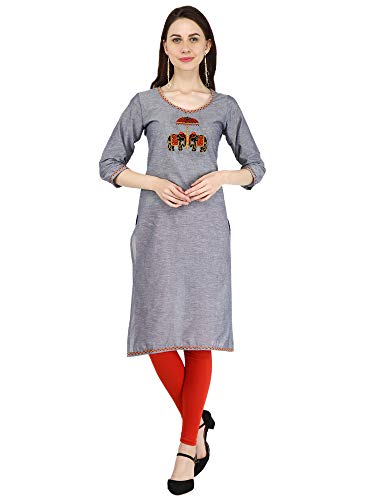 Indian Women's Embroidered Cotton Kurti Grey Top By Ramkudi