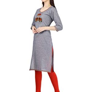 Indian Women's Embroidered Cotton Kurti Grey Top By Ramkudi