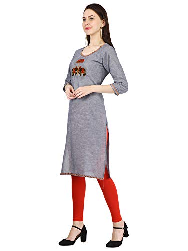 Indian Women's Embroidered Cotton Kurti Grey Top By Ramkudi