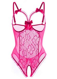 women sexy teddy lingerie one piece lace babydoll bodysuit nightie plus size s-3xl (medium, rose red)