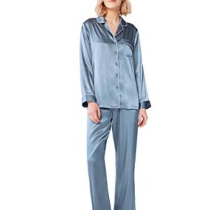 SIORO Silky Pajamas for Women Satin Pajama Sets Long Sleeve Button Down Sleepwear PJ's Soft Loungewear, Blue Grey, Medium