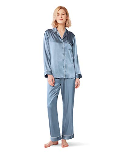 SIORO Silky Pajamas for Women Satin Pajama Sets Long Sleeve Button Down Sleepwear PJ's Soft Loungewear, Blue Grey, Medium