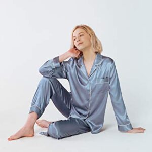 SIORO Silky Pajamas for Women Satin Pajama Sets Long Sleeve Button Down Sleepwear PJ's Soft Loungewear, Blue Grey, Medium