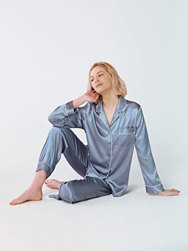 SIORO Silky Pajamas for Women Satin Pajama Sets Long Sleeve Button Down Sleepwear PJ's Soft Loungewear, Blue Grey, Medium