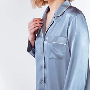 SIORO Silky Pajamas for Women Satin Pajama Sets Long Sleeve Button Down Sleepwear PJ's Soft Loungewear, Blue Grey, Medium