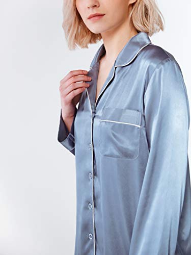 SIORO Silky Pajamas for Women Satin Pajama Sets Long Sleeve Button Down Sleepwear PJ's Soft Loungewear, Blue Grey, Medium