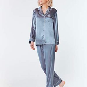 SIORO Silky Pajamas for Women Satin Pajama Sets Long Sleeve Button Down Sleepwear PJ's Soft Loungewear, Blue Grey, Medium