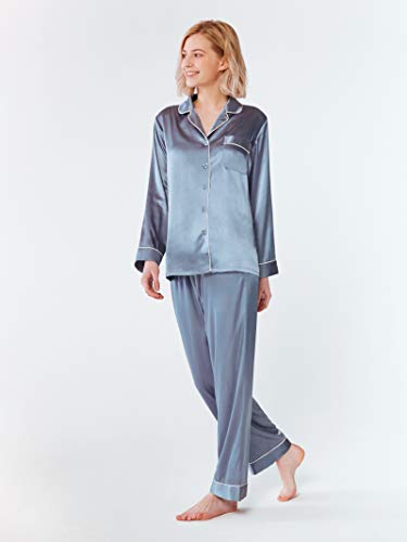 SIORO Silky Pajamas for Women Satin Pajama Sets Long Sleeve Button Down Sleepwear PJ's Soft Loungewear, Blue Grey, Medium